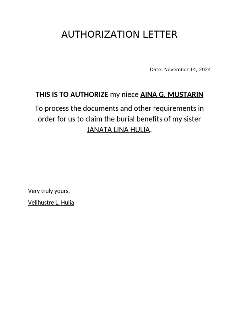 Authorization Letter To Burial Benefits | PDF