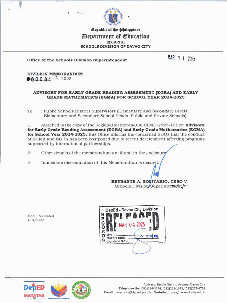 2025-DM No. 00084 - ADVISORY FOR EARLY GRADE READING (EGRA) AND EARLY GRADE MATHEMATICS (EGMA ...