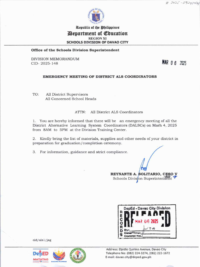 CID-2025-DM No 148 - EMERGENCY MEETING OF DISTRICT ALS COORDINATOR | PDF