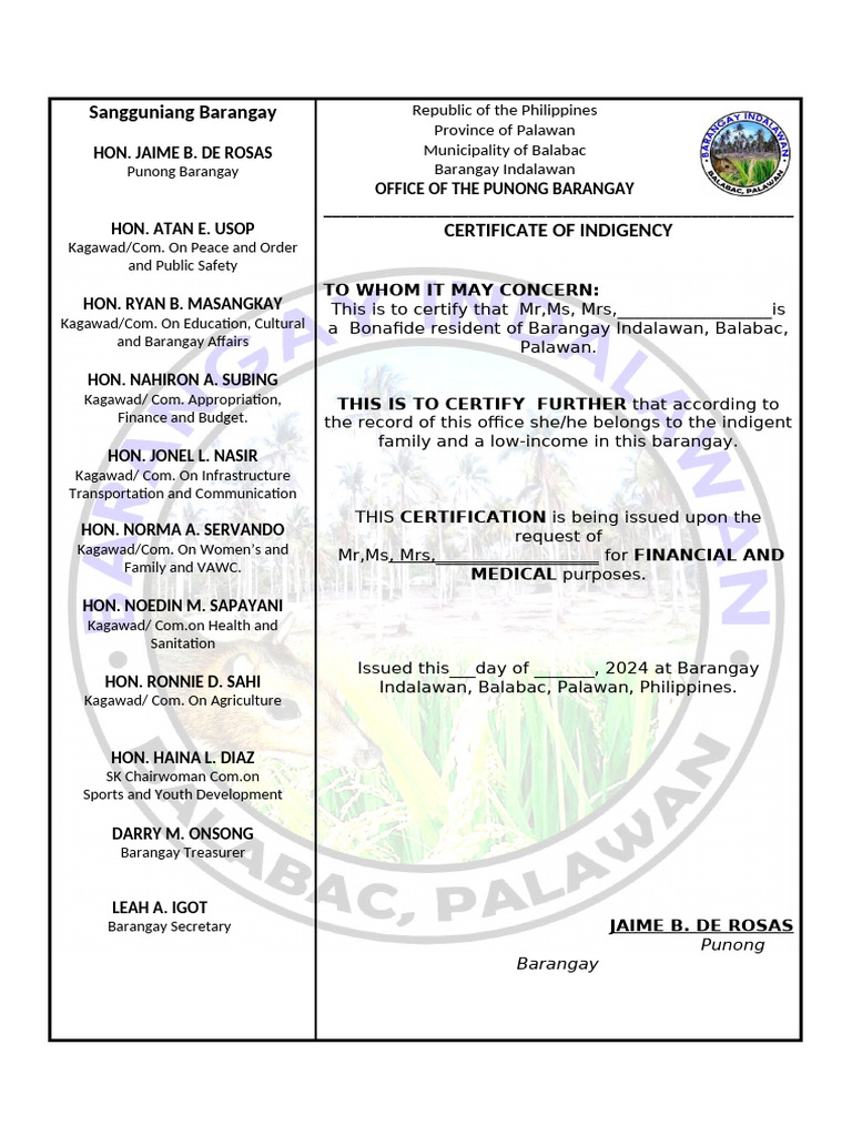 Certificate of Indigency | PDF