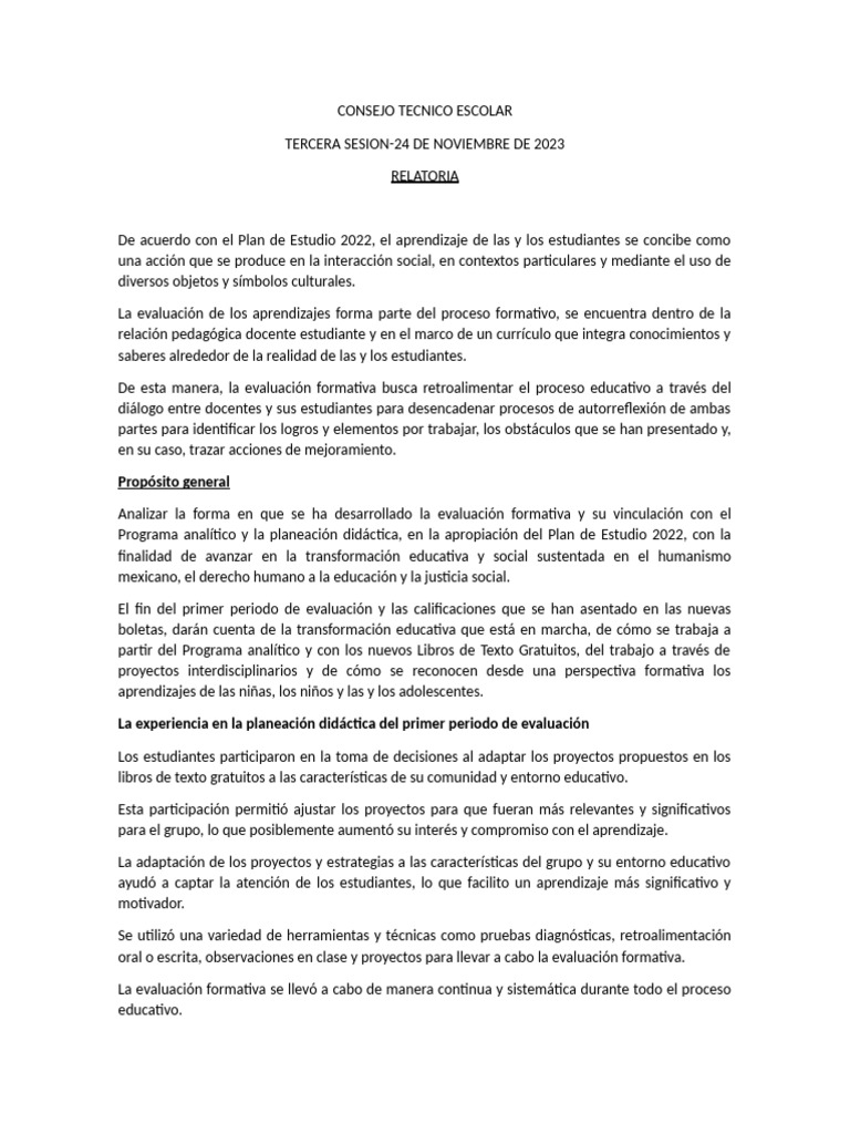 Relatoria 3er Cte Nov 2023 | PDF | Evaluación | Aprendizaje