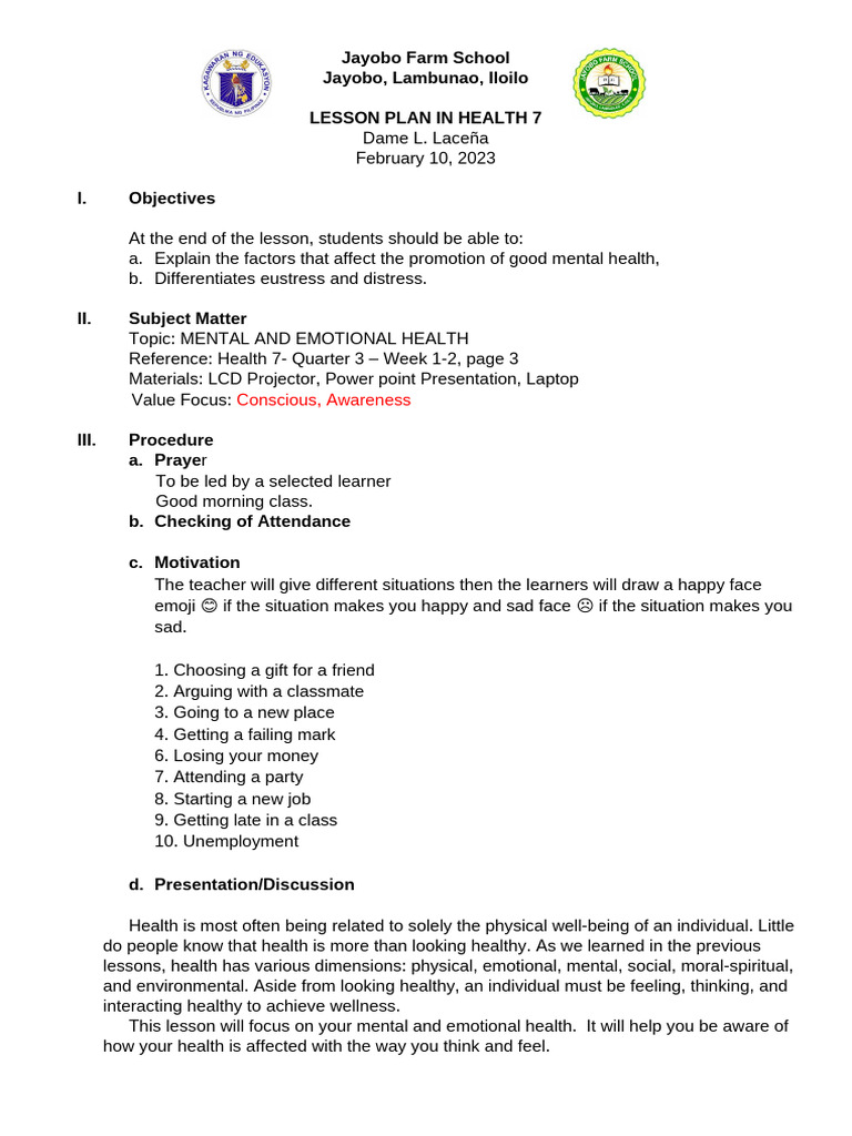 Lesson Plan Health 7 | PDF | Stress (Biology) | Mental Health