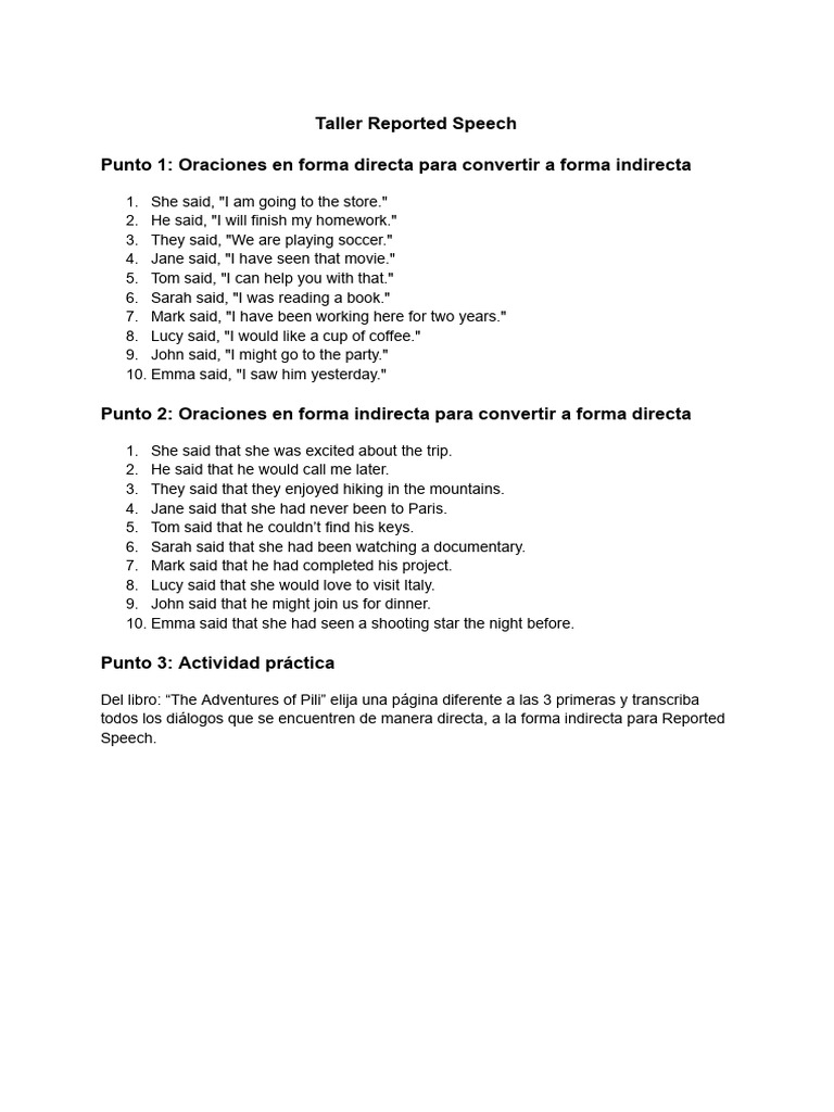 Taller Nov 1 Reported Speech | PDF