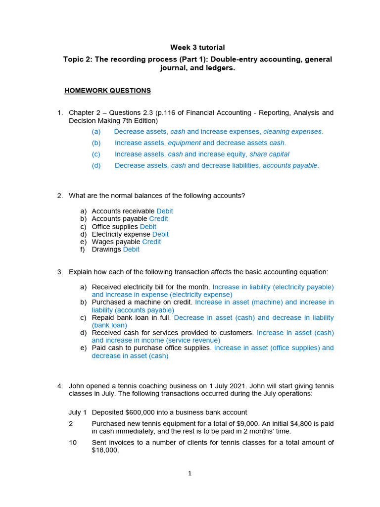 Topic 2 (week 3) tutorial solutions | PDF | Debits And Credits ...