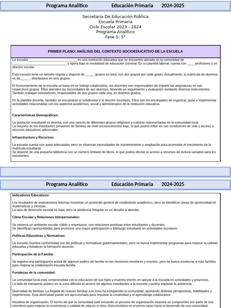 Programa Analítico 5to Grado | PDF | Comprensión lectora | Educación primaria