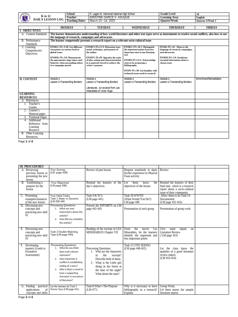 DLL English Grade10 Quarter4 Week3 (Palawan Division) | PDF | Learning ...