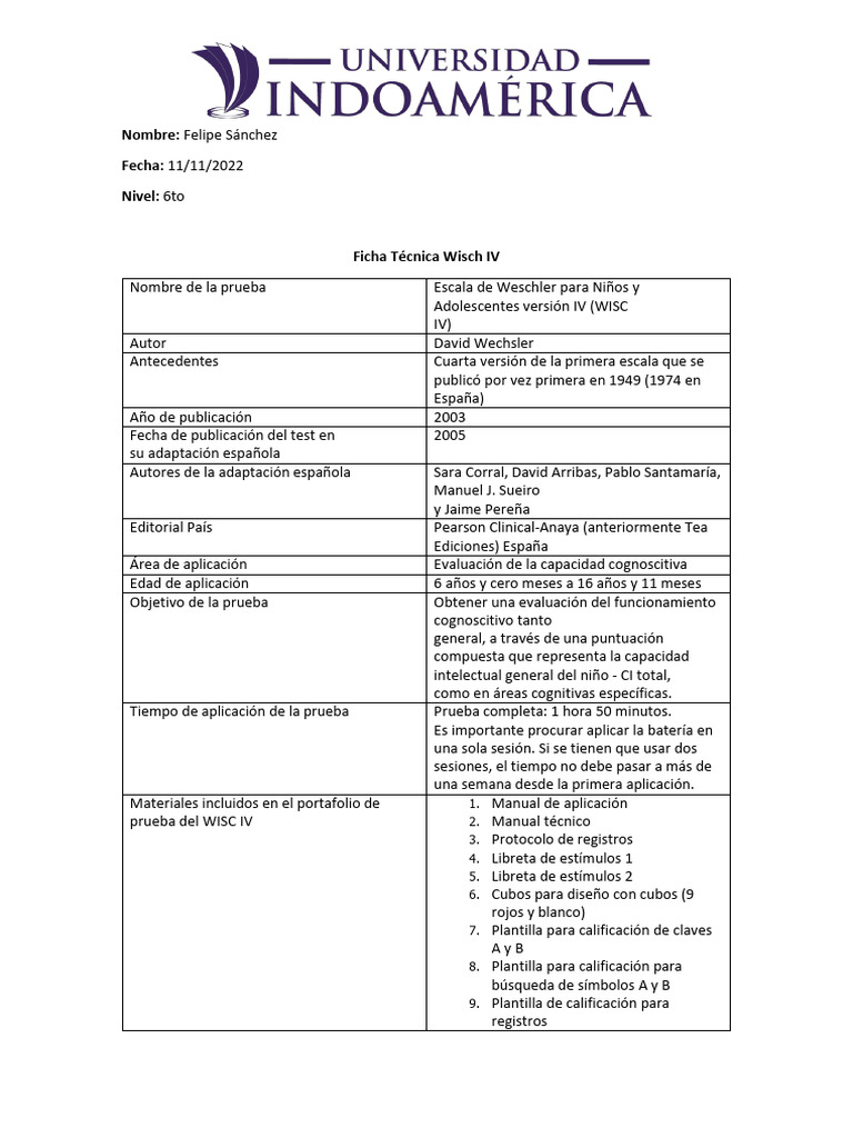 Ficha Técnica Wisc IV | PDF | Sicología | Inteligencia