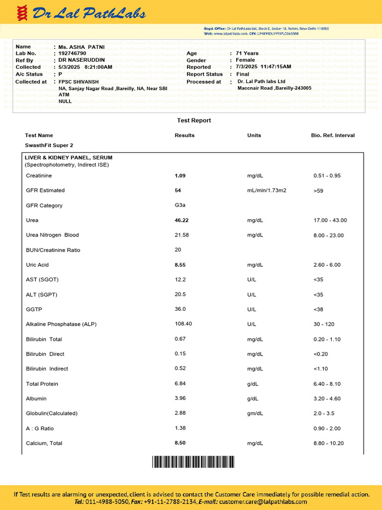 71-Year-Old Female Health Test Results | PDF | Creatinine | Nephrology
