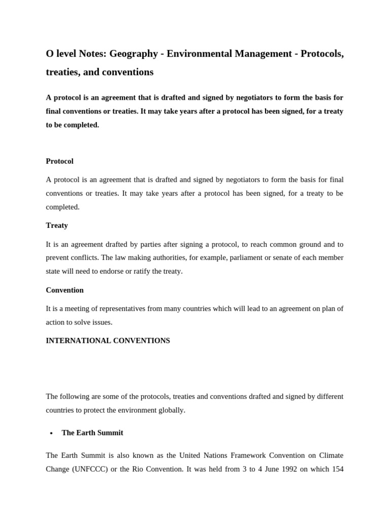 O Level Notes Geography Environmental Management Protocols Treaties and ...