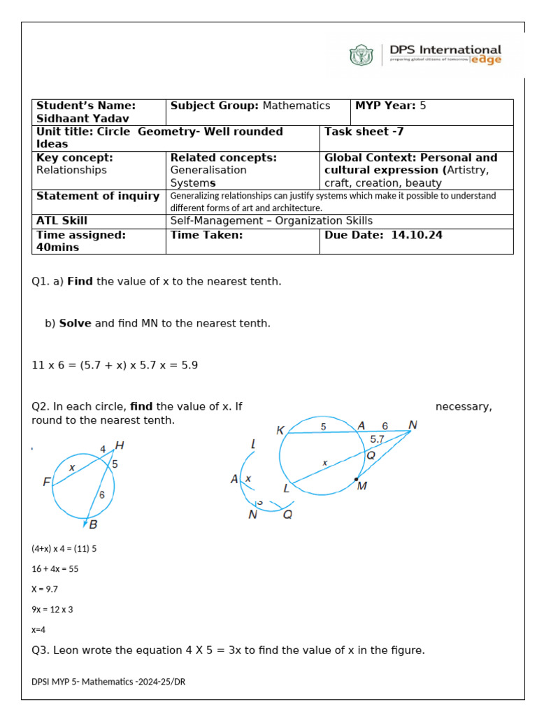 MYP5-Math Tasksheet 7 2024-25 - Intersecting Chords | PDF | Circle | Area