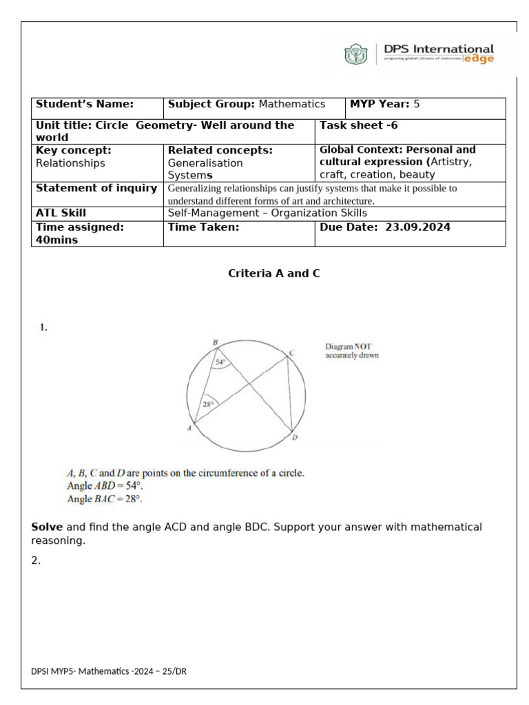 MYP5-Math Tasksheet 6 2024-25 Circle Geometry | PDF | Area | Angle