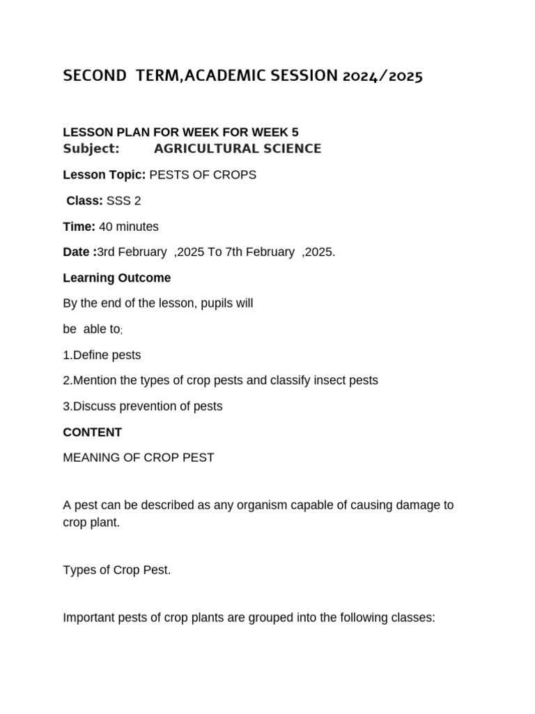 Agric SSS2 Week 5 2ND Term | PDF | Pest (Organism) | Pest Control