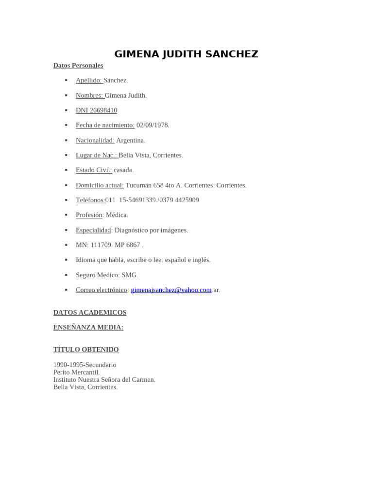 GIMENA JUDITH SANCHEZ Curriculum Noviembre 2017 (1) | PDF | Medicina | Cirugía