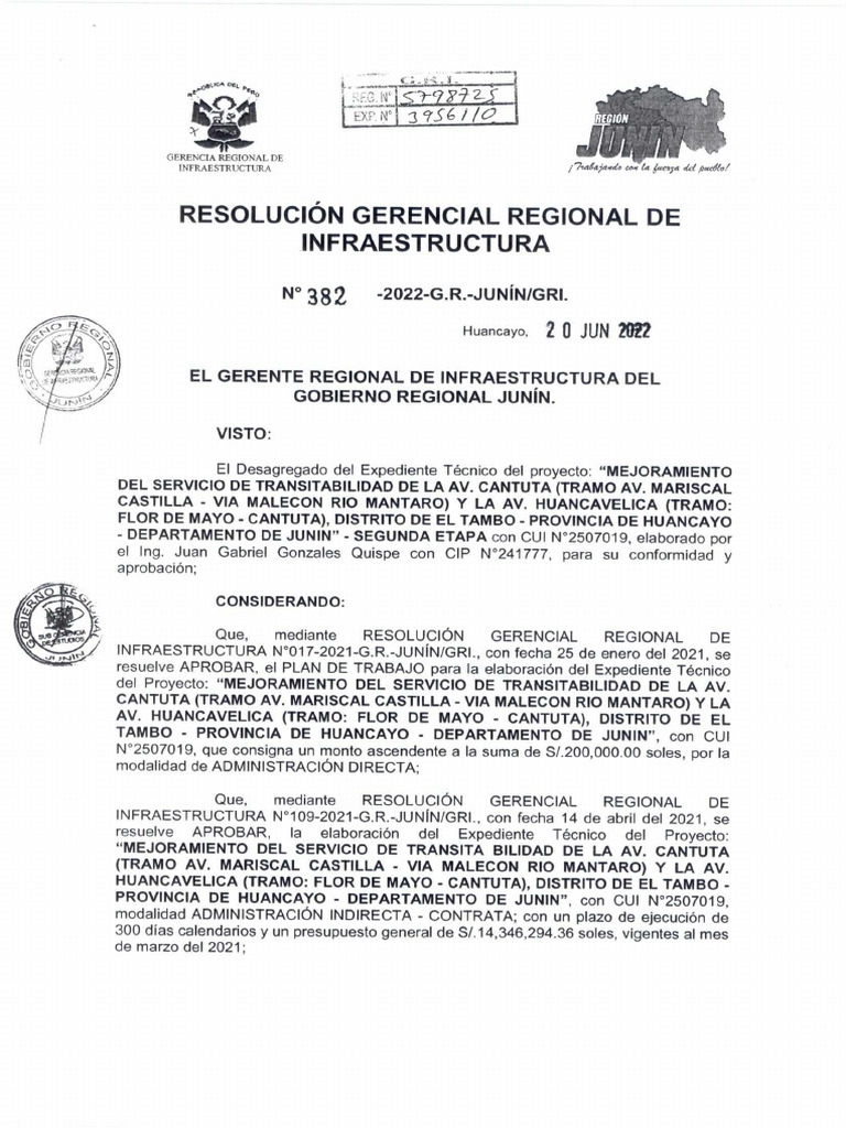 Resolución Gerencial Regional de Infraestructura 382 PDF | PDF