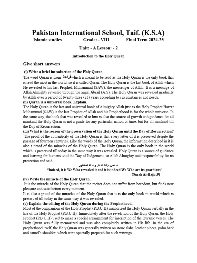 Holy Quran Overview for Grade VIII Students | PDF | Prophets And ...