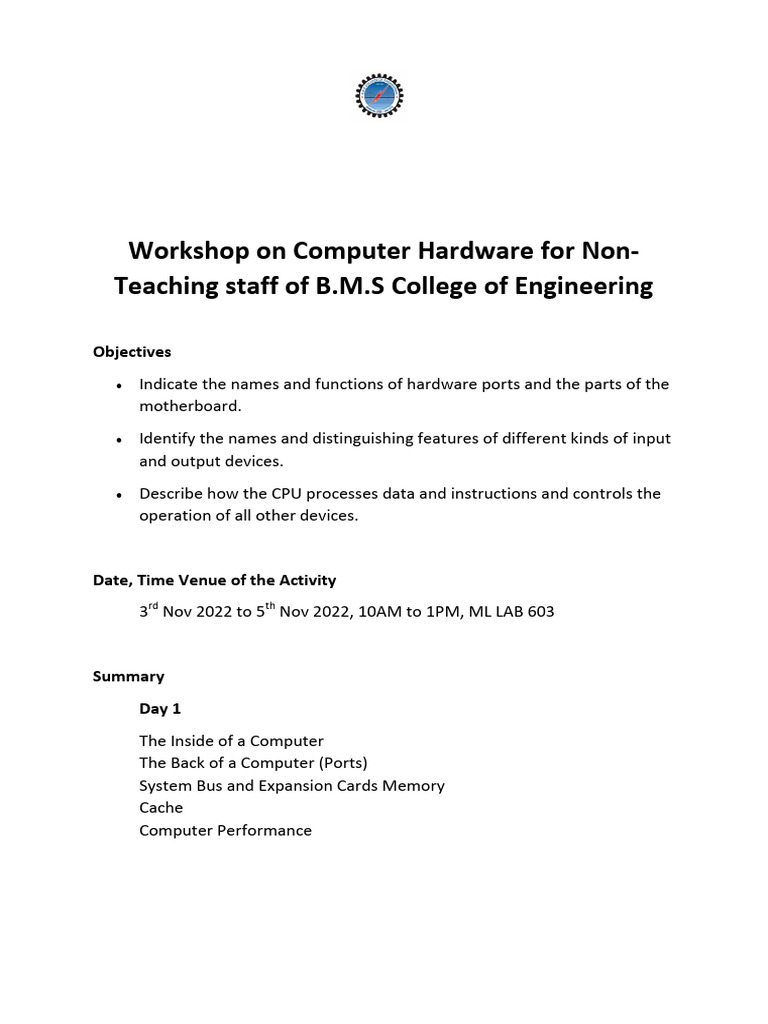 Workshop on Computer Hardware Basics | PDF | Computer Hardware | Input/Output