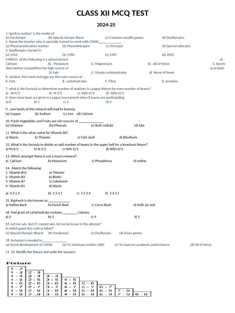Class Xii MCQ Test 24-25 | PDF | Skeletal Muscle | Vitamin