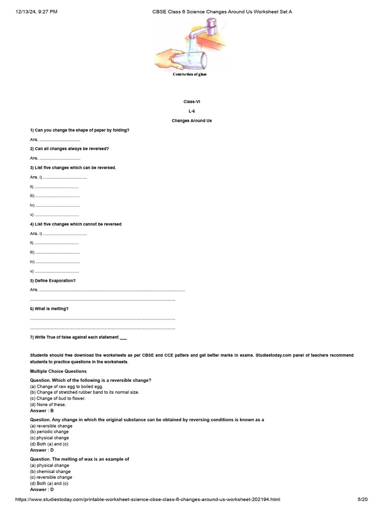 CBSE Class 6 Science Changes Around Us Worksheet Set A | PDF | Water ...