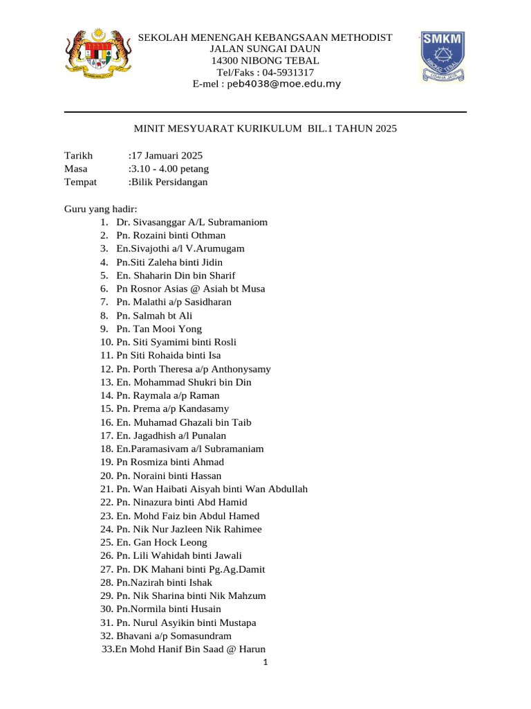 Minit - Mesyuarat Kurikulum Bil 1 2025 | PDF