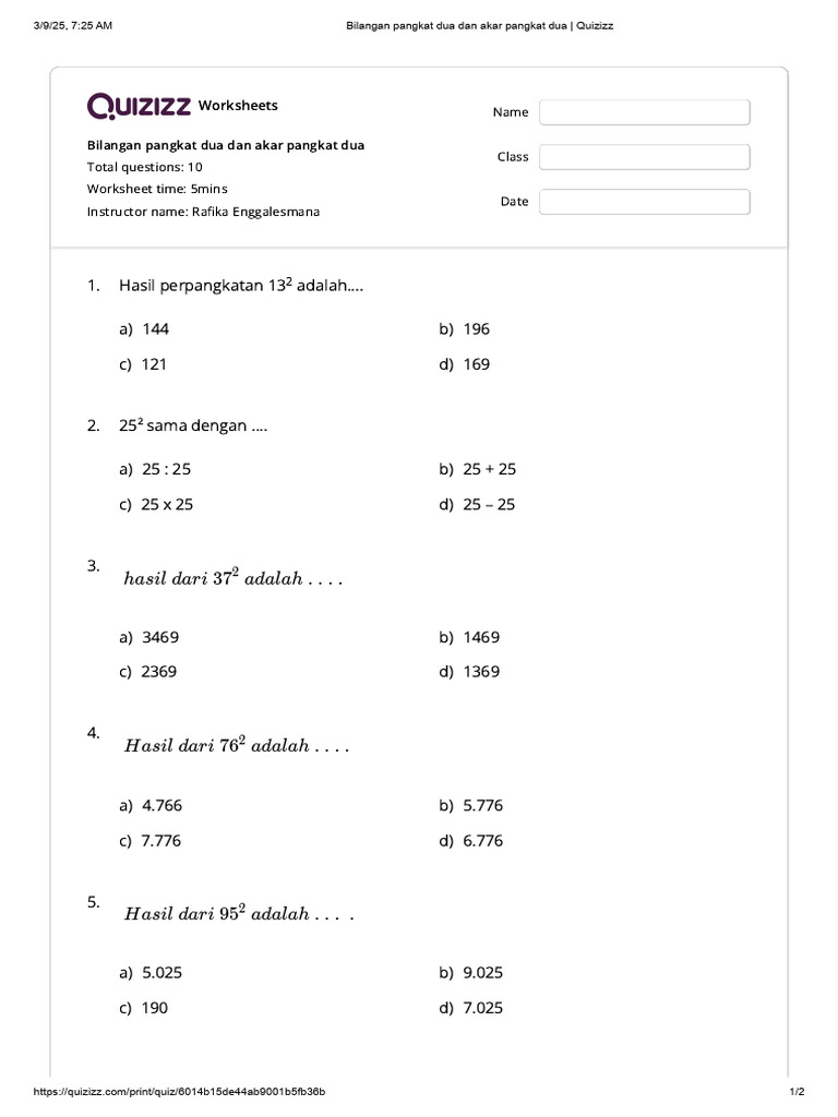 Bilangan Pangkat Dua Dan Akar Pangkat Dua - Quizizz | PDF