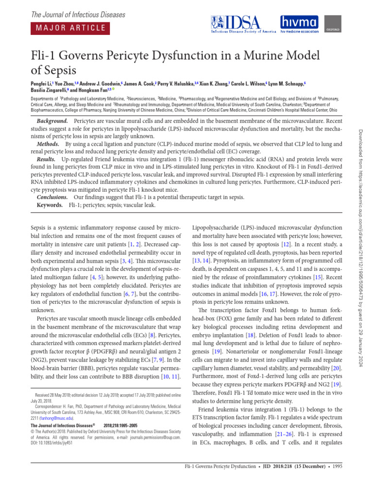 Fli-1 Governs Pericyte Dysfunction in A Murine Model of Sepsis | PDF | Sepsis | Immunology