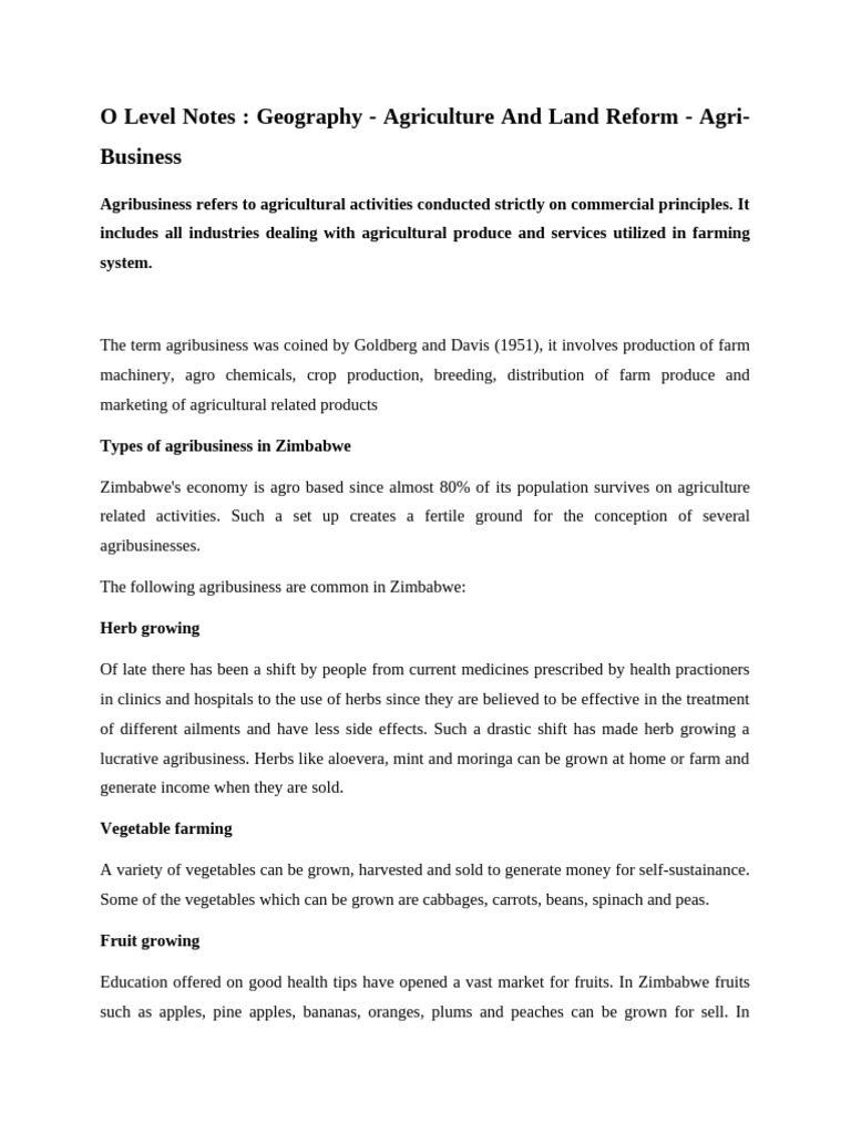 O Level Notes Geography Agriculture and Land Reform Agri-Business | PDF ...
