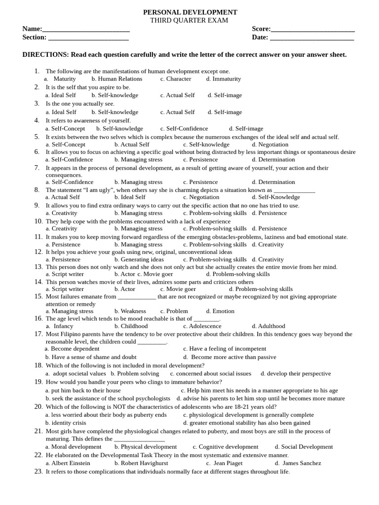 Personal Development Exam Questions | PDF | Adolescence | Developmental ...