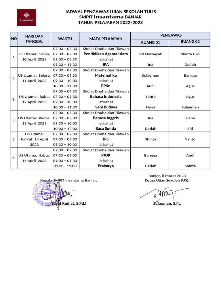 JADWAL PENGAWAS UJIAN SEKOLAH | PDF