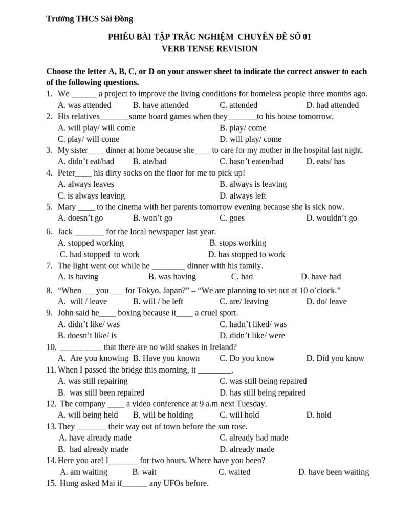 Phiếu BTTN Chuyên Đề 01. Verb Tense Revision | PDF