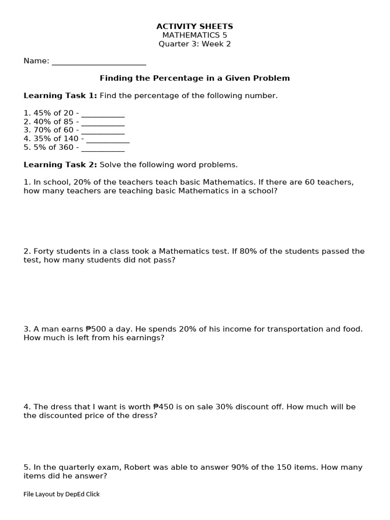 MATHEMATICS 5 Activity Sheet Q3 W2 | PDF