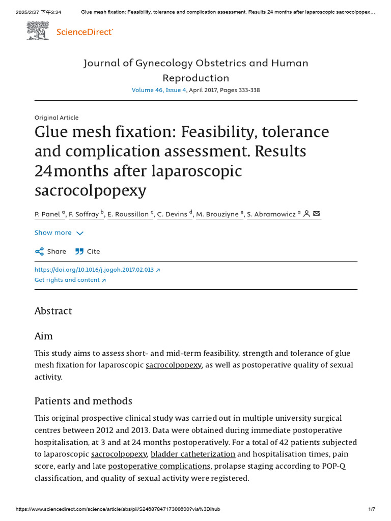 Glue Mesh Fixation in Sacrocolpopexy | PDF | Clinical Medicine ...