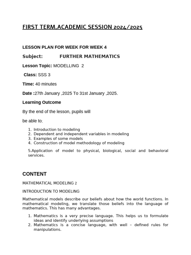 Further Math Week 4 SSS 3 2ND TERM | PDF | Mathematical Model | Mathematics
