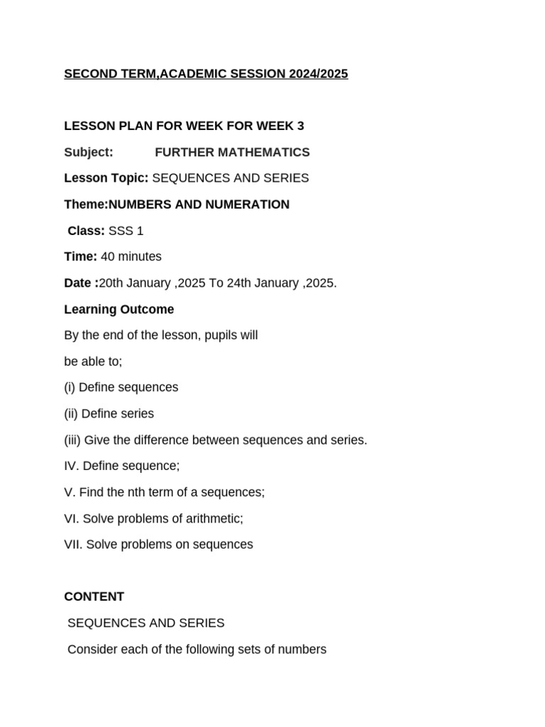 Further Mathematics: Sequences & Series Lesson Plan | PDF | Sequence ...