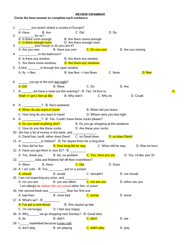 Grammar Review Exercise | PDF