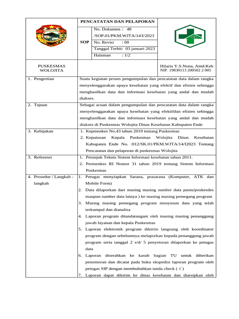 SOP Pencatatan Dan Pelaporan | PDF
