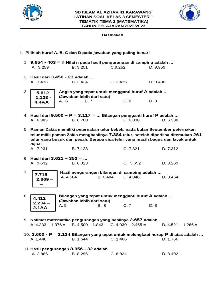 Soal Latihan PTS1 Tema 2 MTK | PDF