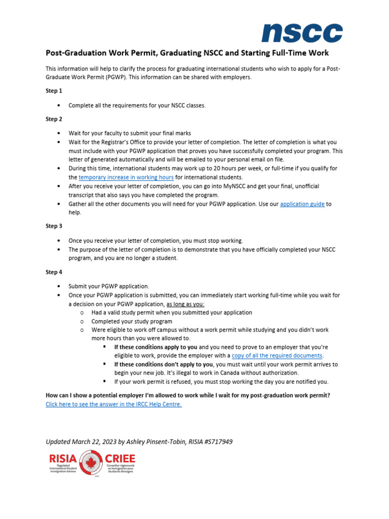 Post-Graduation Work Permit, Graduating NSCC and Starting Full-Time Work | PDF | Immigration ...