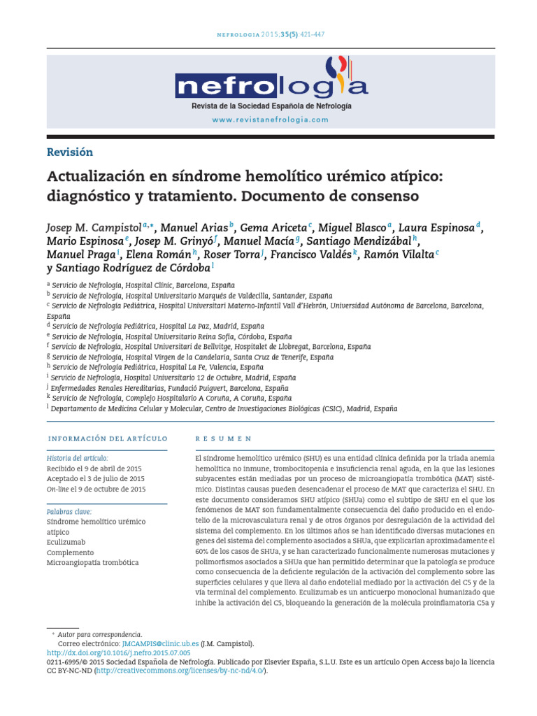 Actualización en síndrome hemolítico urémico atípico diagnóstico y tratamiento. Documento de ...