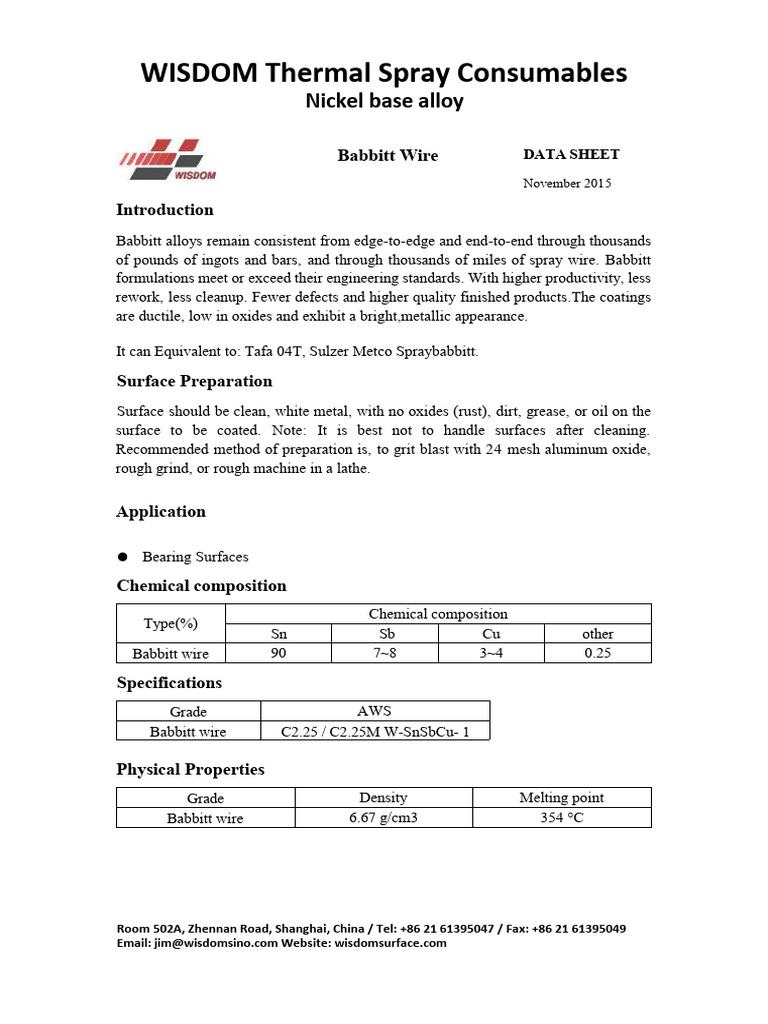 DATA SHEET Wisdom Babbitt Wire | PDF | Wire | Alloy