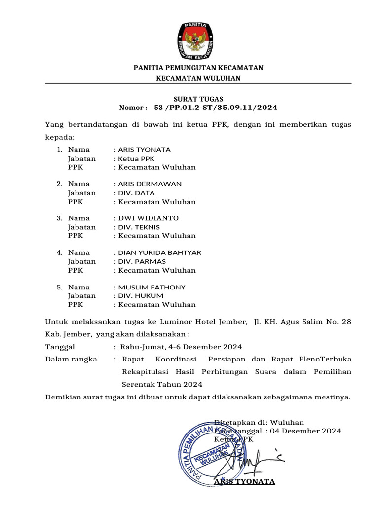 SURAT TUGAS Reakor Pleno Kabupaten - Copy | PDF