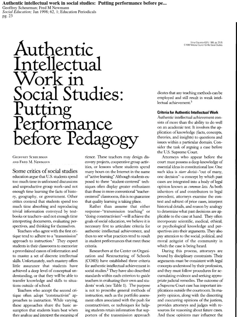 Authentic Intellectual Work in Social Studies | PDF