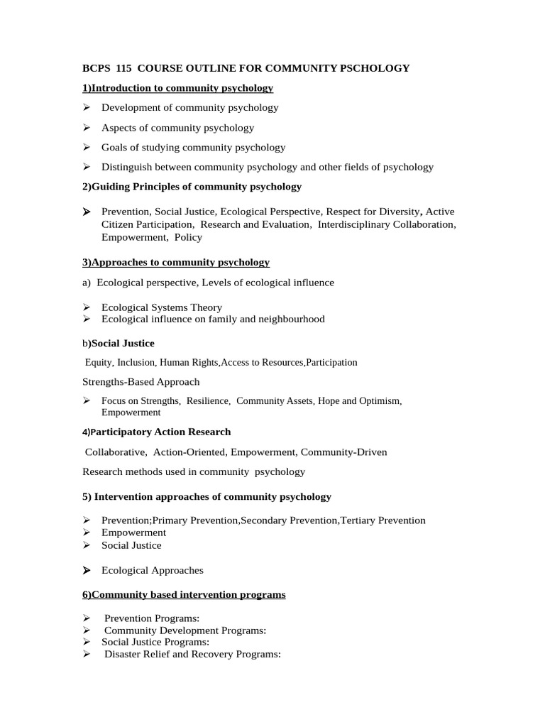 COURSE OUTLINE FOR BCPS 115 COMMUNITY PSCHOLOGY | PDF