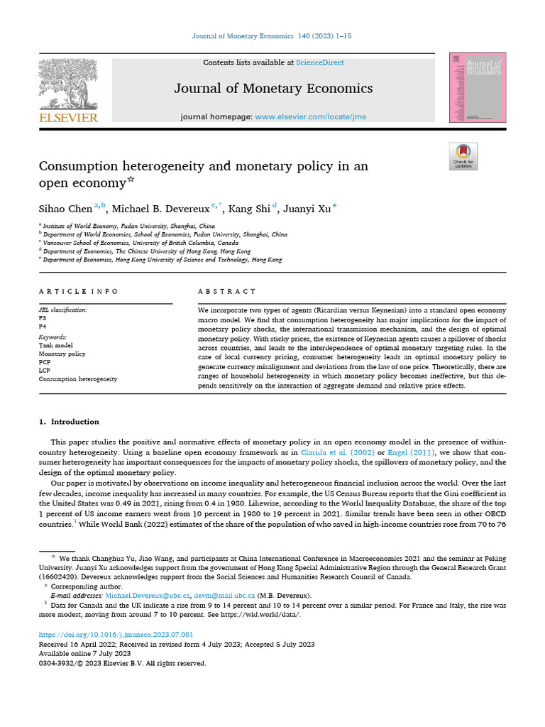 Consumption Heterogeneity and Monetary Policy in An Open Economy9 | PDF ...