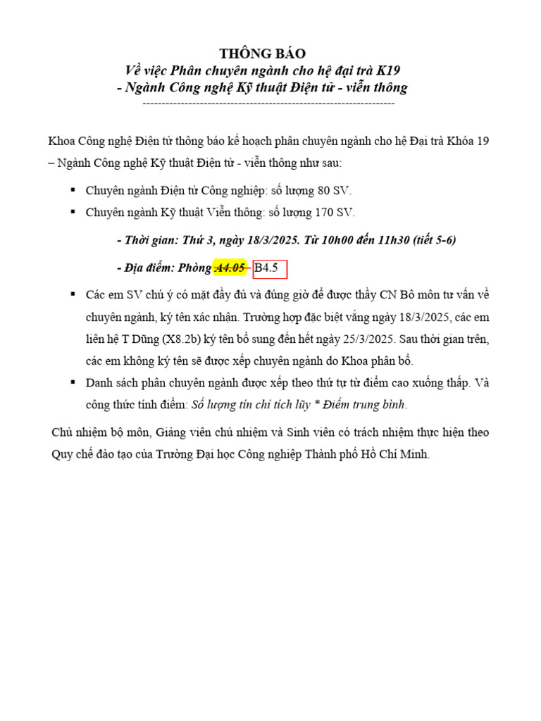 Mau ThongBao - Phan Chuyen Nganh K19 | PDF
