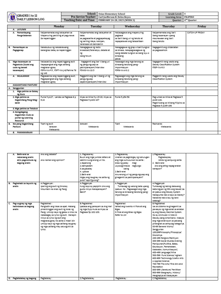 Grade 5 DLL FILIPINO 5 Q4 Week 3 | PDF
