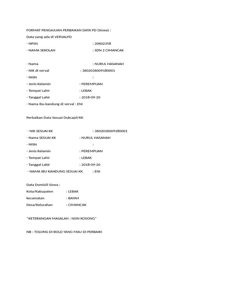 Format Pengajuan Perbaikan Data PD | PDF