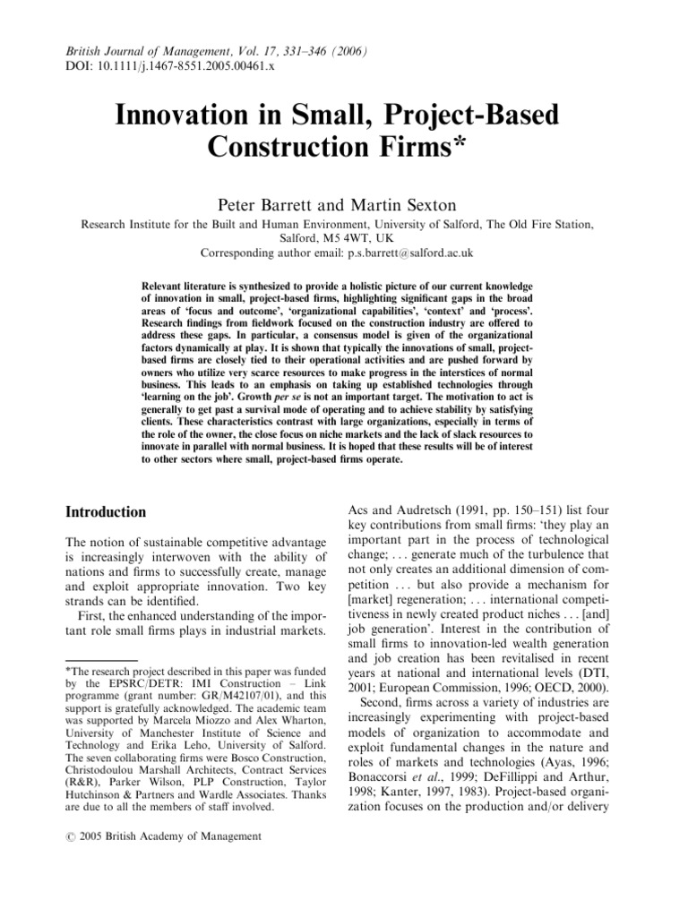 Innovation in Small, Project-Based Construction Firms (Barrett & Sexton ...