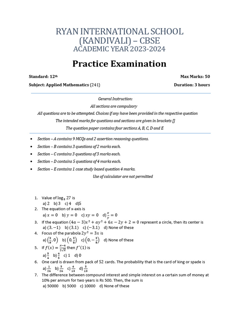Class 12 Practice Exam | PDF | Circle | Geometric Shapes