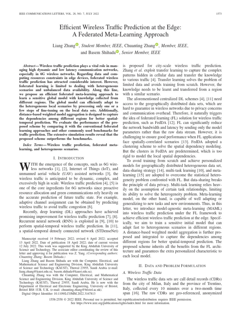 Efficient Wireless Traffic Prediction at The Edge A Federated Meta-Learning Approach | PDF ...