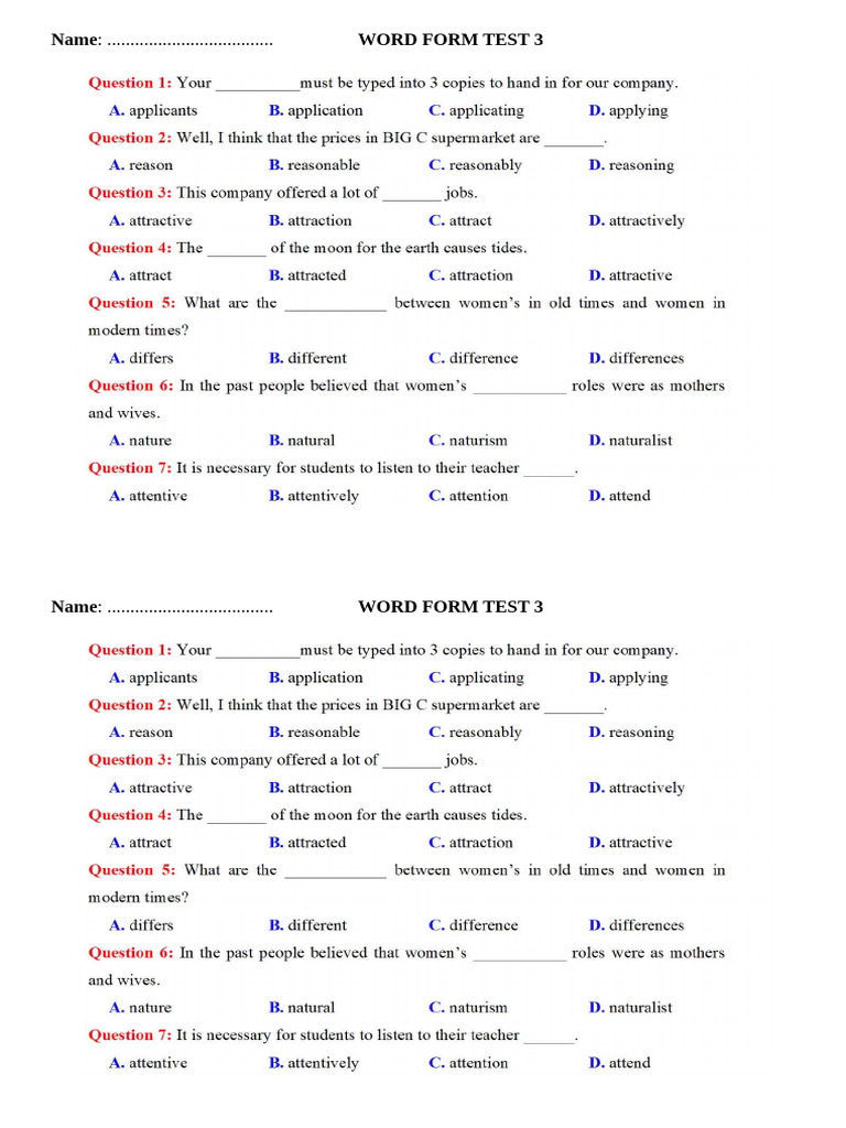 G12 - Word Form Test 3 | PDF